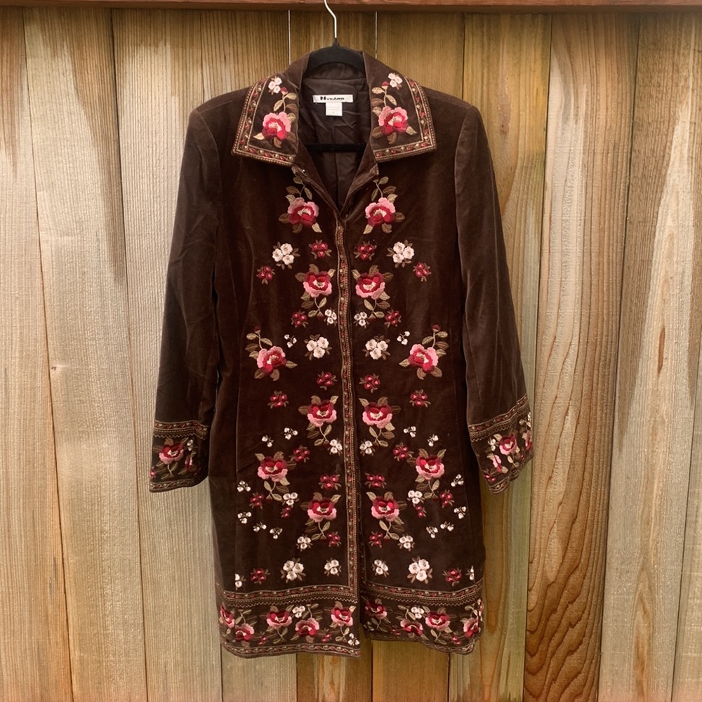 Embroidered Long Coat Brown Floral Nygard Collection - Gem